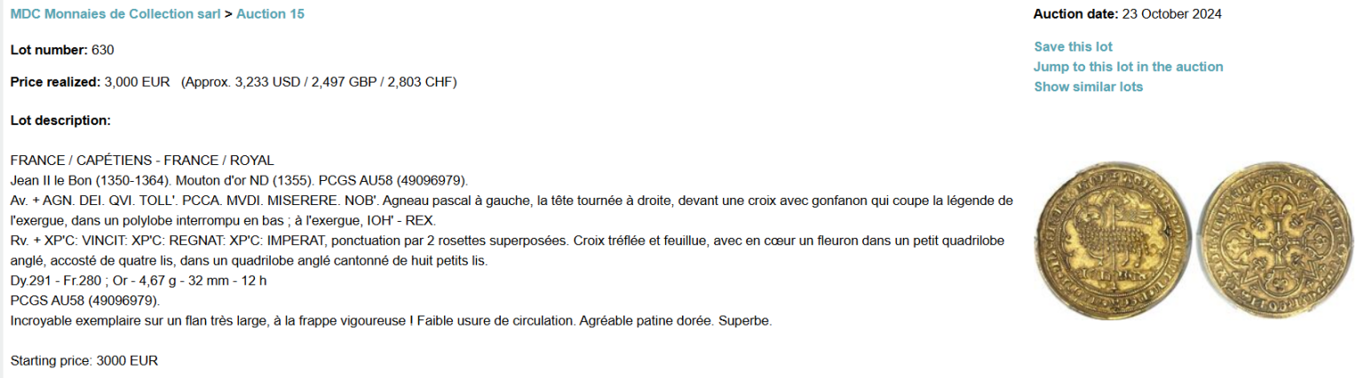 【Sold】1350-64年 ジャン2世 ムートンドール金貨 AU58 NGC | ソブリンパートナーズ